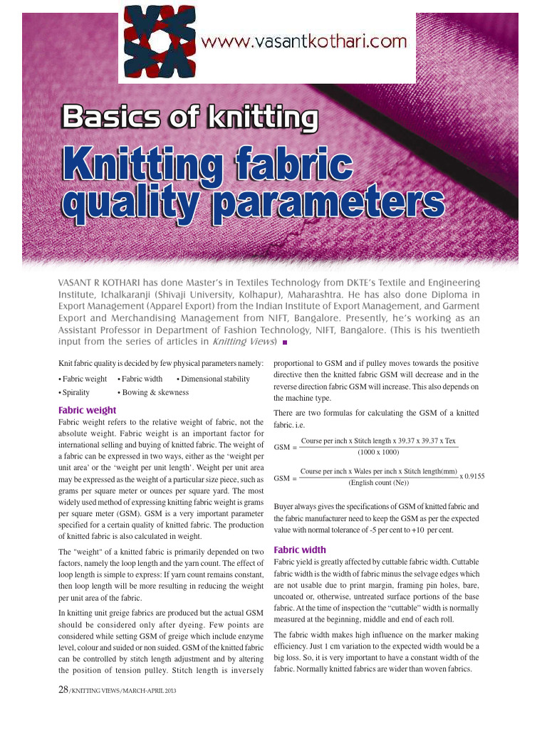 Knitting Fabric Quality Parameters | PDF | Knitting | Textiles