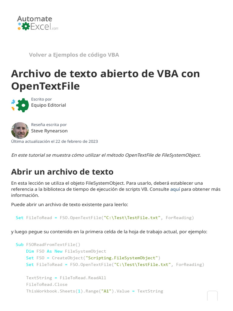 Archivo de Texto Abierto de VBA Con OpenTextFile - Automatizar Excel | PDF | Software de la ...