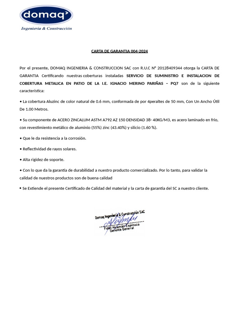 CARTA DE GARANTIA 004-Cobertura tr4 | PDF