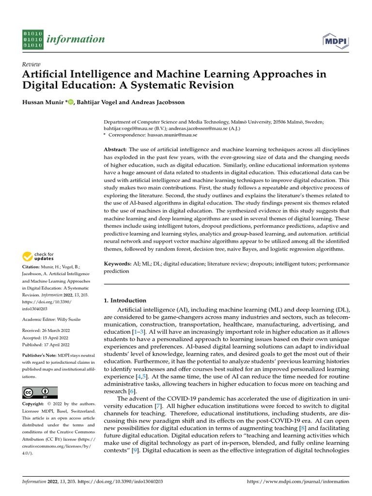 Information: Artificial Intelligence and Machine Learning Approaches in ...