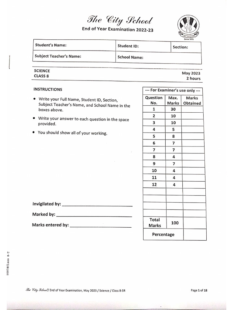EOY EXAM (Science, Class-8) 2022-23 | PDF