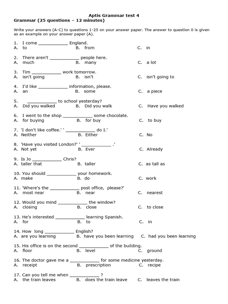 Aptis Grammar Test 4 | PDF