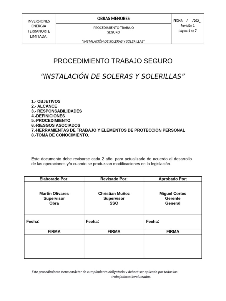 Procedimiento Trabajo Seguro Instalacion de Soleras y Solerillas | PDF | Hormigón