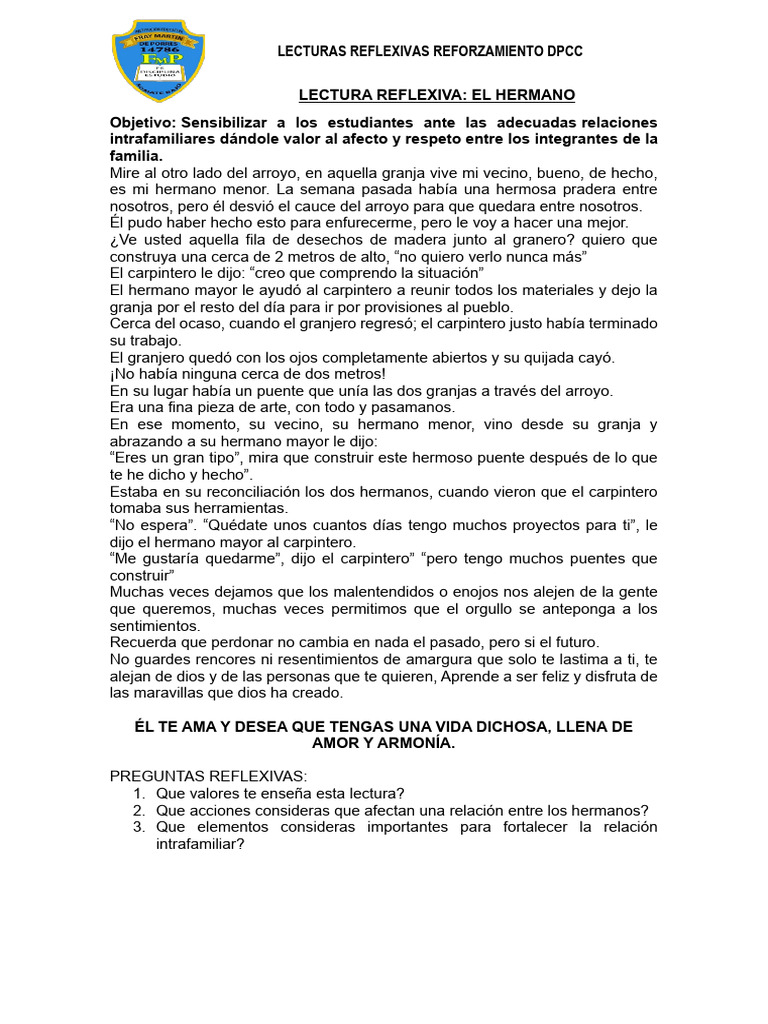 Reforzamiento DPCC Lectura Reflexiva El Hermano | PDF