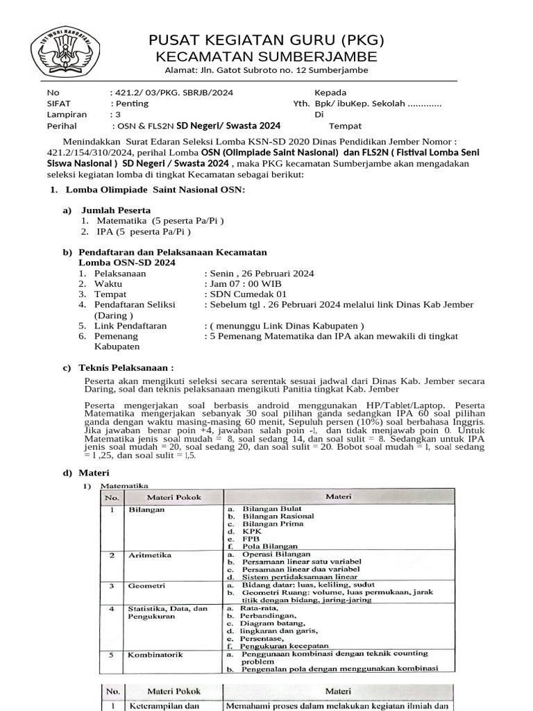 Juknis Osn Dan FLS2N 2024 TK Kec Sumbrjambe | PDF