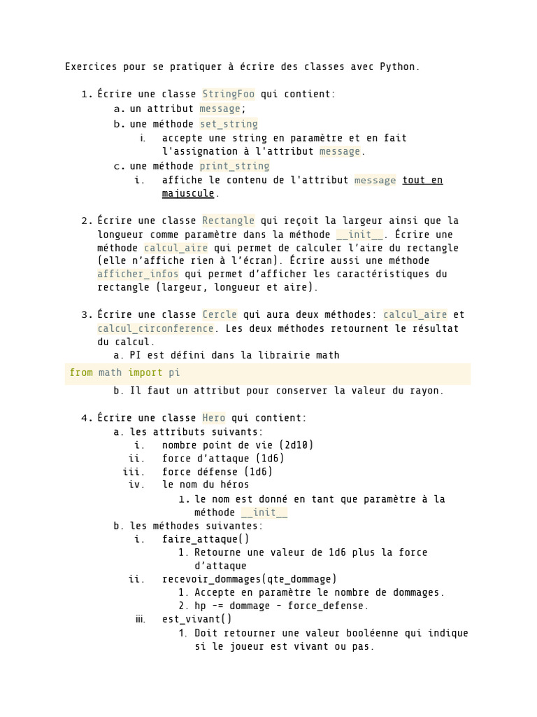 Exercices de classes Python pour débutants | PDF