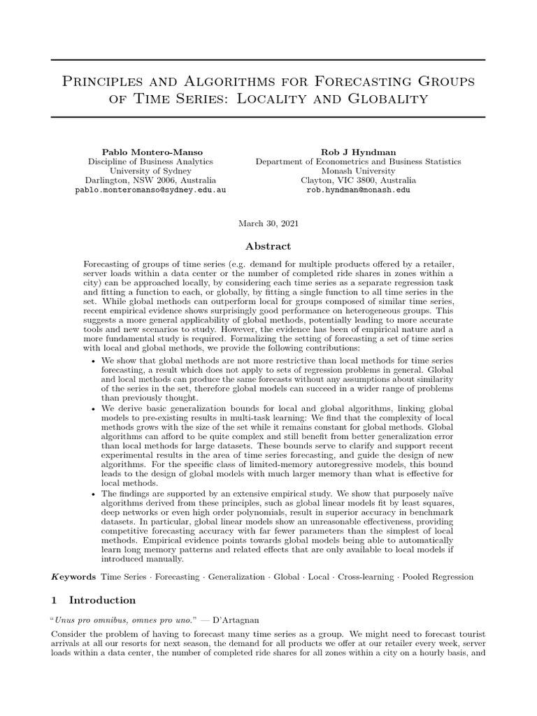 Principles and Algorithms For Forecasting Groups of Time Series Locality and Globality | PDF ...