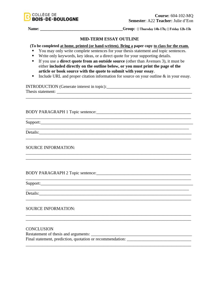 102 Mid-Term Writing Outline - WORD | PDF | Essays | Thesis