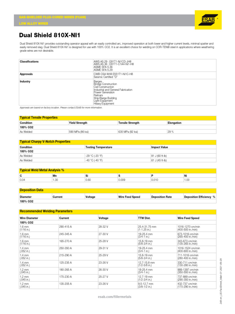 Dual Shield 810X-NI1 FICHA TECNICA | PDF | Welding | Construction
