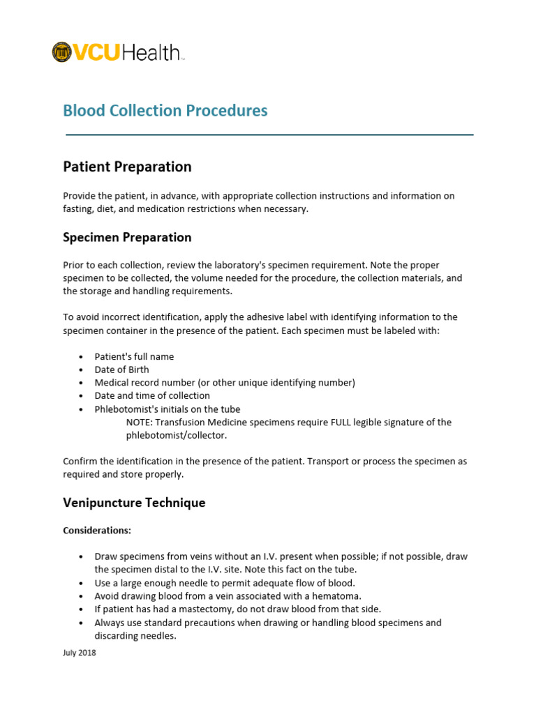 Blood Collection Procedures SOP | PDF | Medical Specialties | Clinical ...