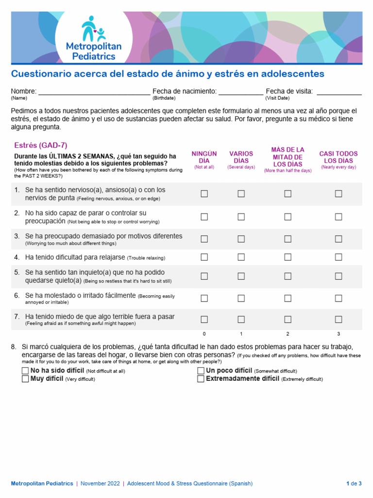 Adolescent Mood and Stress Ques SPA F 2022 11 | PDF