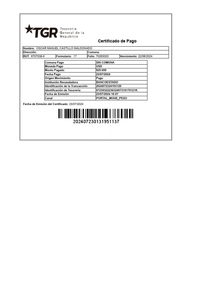 Certificado de Pago de Deuda Fiscal - TGR | PDF