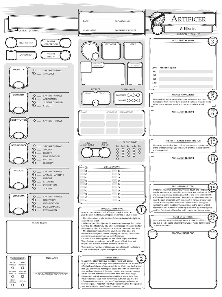 Class Character Sheet Artificer Revisited Artillerist V1 0 Fillable | PDF