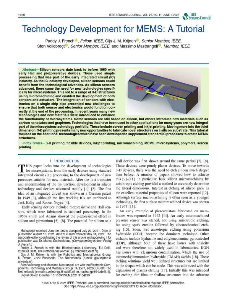 Technology Development For MEMS A Tutorial | PDF | Doping (Semiconductor) | Epitaxy