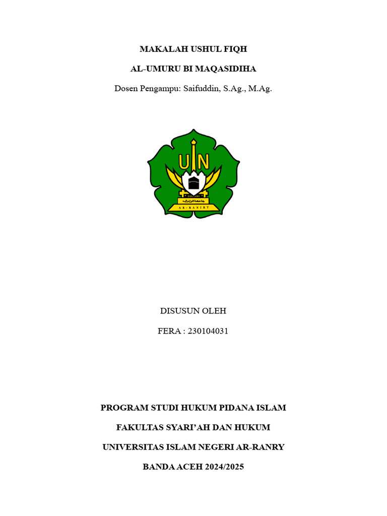 Fera (230104031) Kaidah Al-Umuru Bi Maqasidiha | PDF