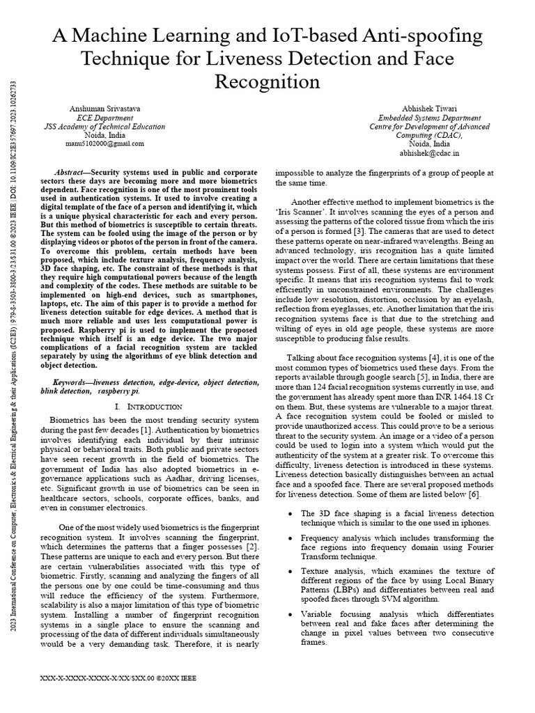 A Machine Learning and IoT-based Anti-Spoofing Technique For Liveness Detection and Face ...