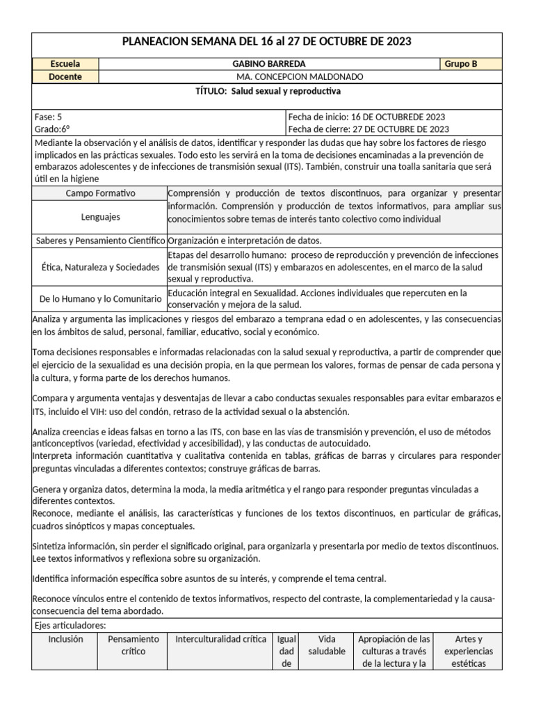 Planificación Del 9 Al 20 de 0ct 23 | PDF | El embarazo | Adolescencia