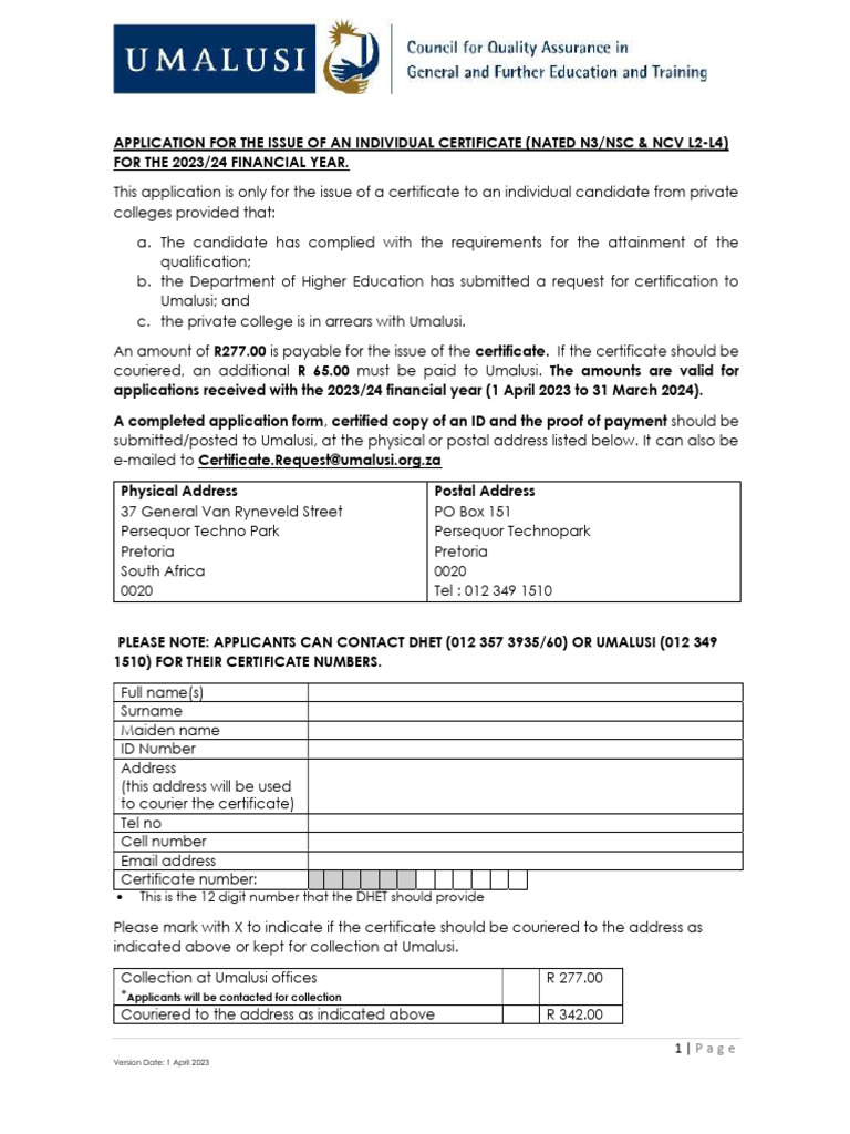 Dhet - Application Form Printing of Certificate - 2023 - 24 | PDF