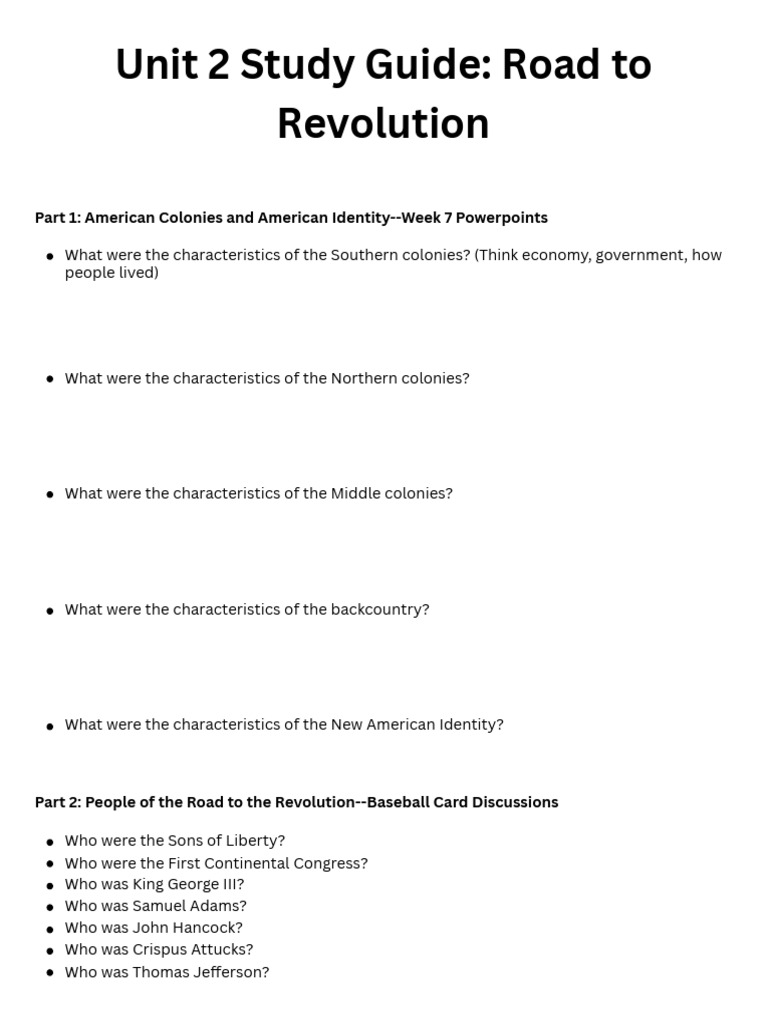 Unit 2 Study Guide Road To Burevolution | PDF | Thirteen Colonies ...