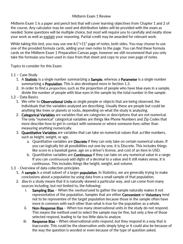 Midterm Exam 1 Review | PDF | P Value | Sampling (Statistics)