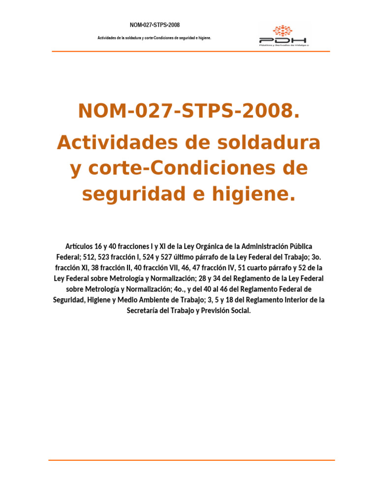 NOM-027-STPS-2008. Actividades de Soldadura y Corte-Condiciones de Seguridad e Higiene | PDF ...