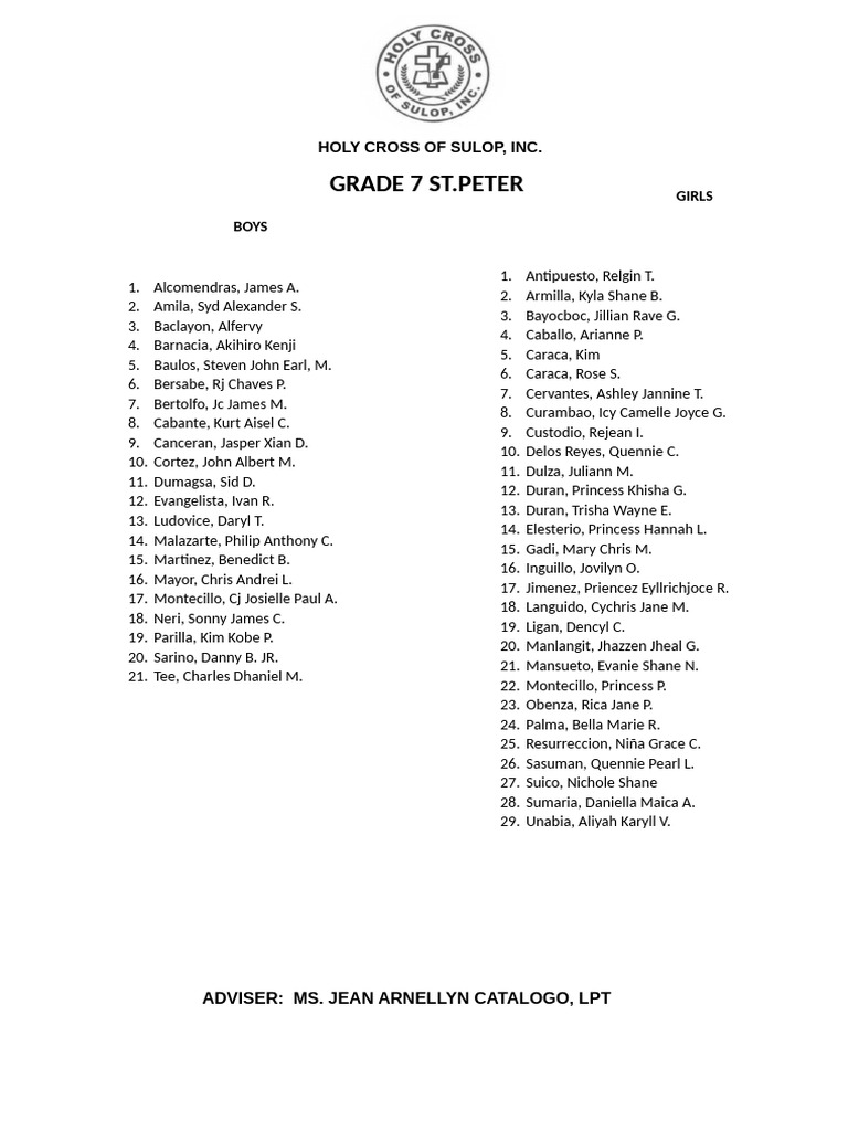Grade 7 St. Peter Masterlist | PDF