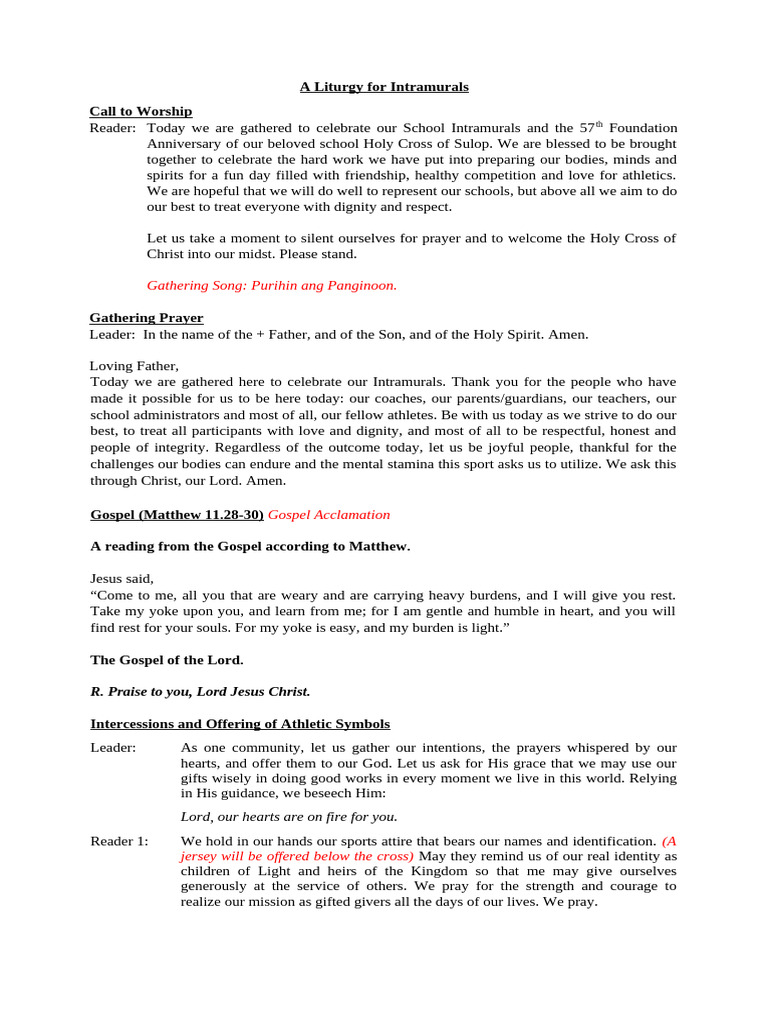 A Liturgy For Intramurals | PDF | Prayer | Lord's Prayer