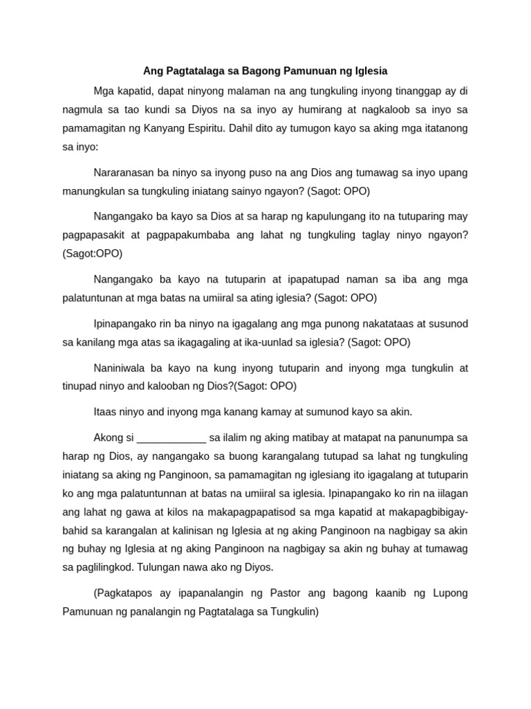 Ang Pagtatalaga Sa Bagong Pamunuan NG Iglesia | PDF