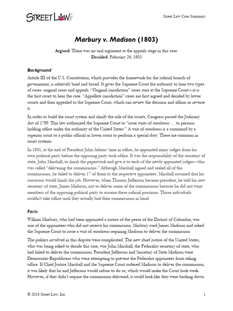 Marbury V Madison Final | PDF | Marbury V. Madison | Article Three Of ...