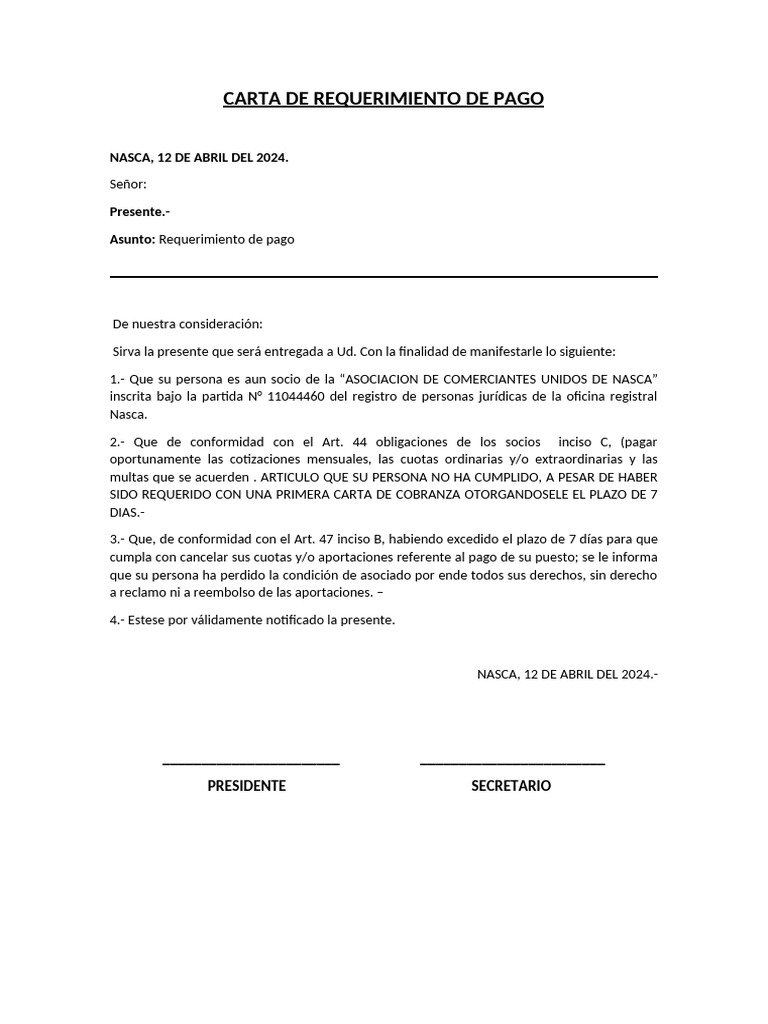Carta de Requerimiento de Pago | PDF | Finanzas y dinero