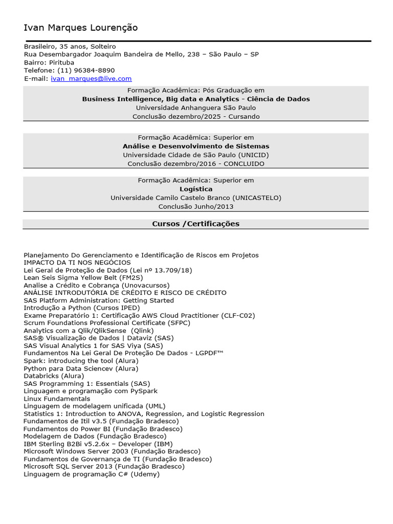 CV Ivan Marques 20241103 | PDF | Desenvolvimento ágil de software | Bancos de dados
