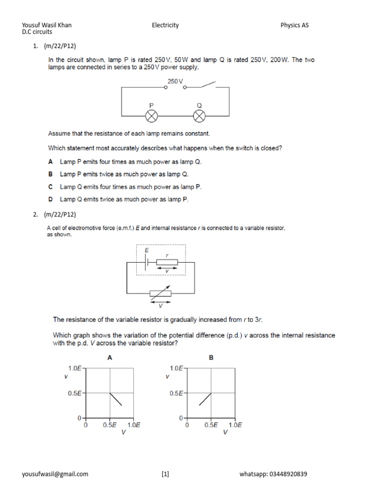 Physics As Chapter 9 D.C Circuits Yousufwasil | PDF | Physical Sciences | Physics