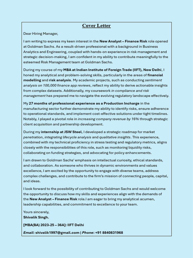 Goldman Sachs Analyst Cover Letter | PDF | Risk Management | Goldman Sachs
