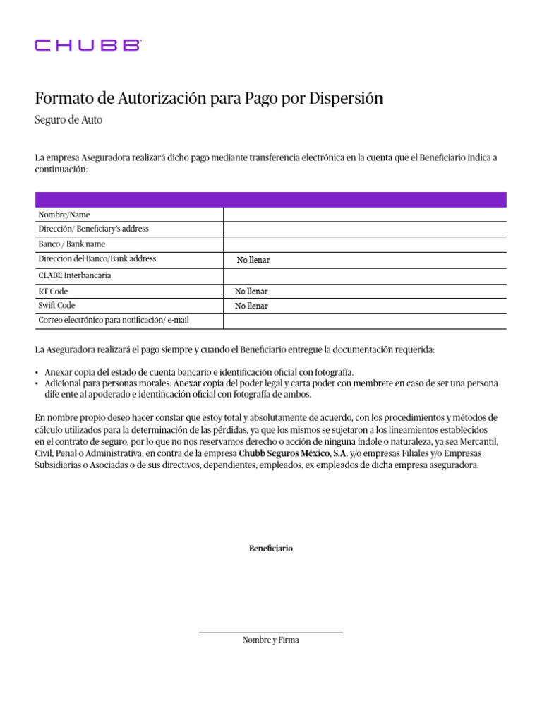 Formato de Autorizacion Chubb 2024 | PDF | Finanzas y dinero