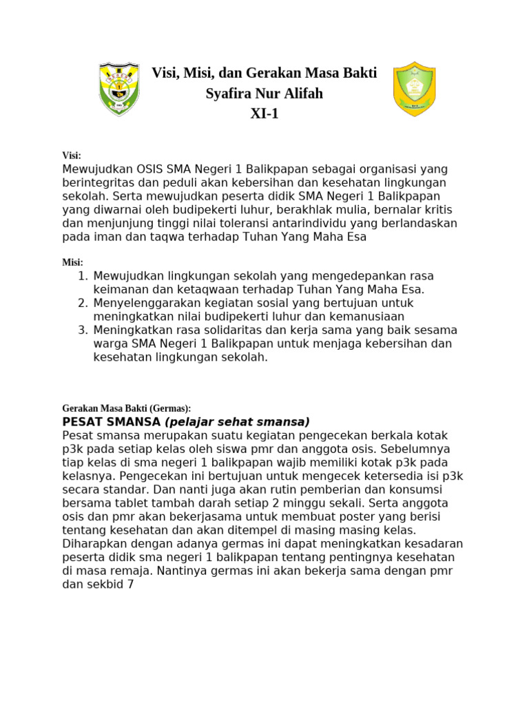 Visi, Misi, Dan Germas Syafira Nur Alifah | PDF