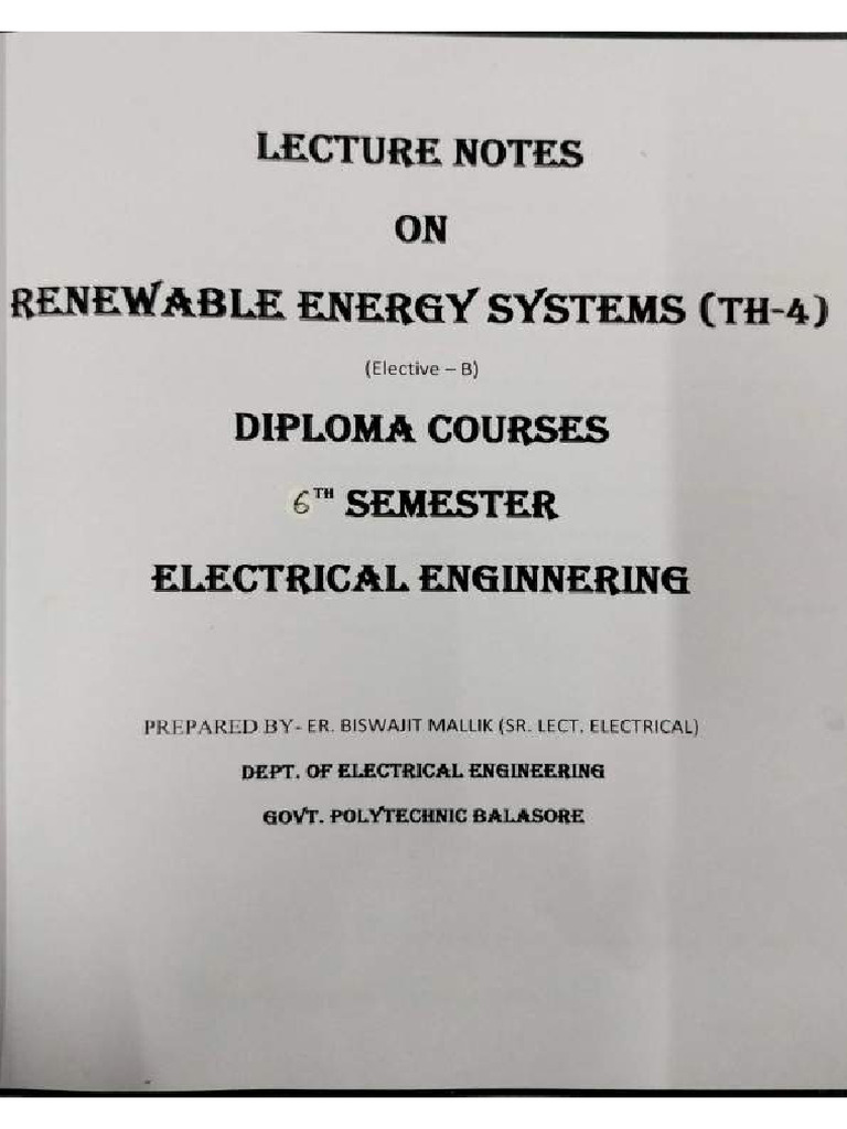 Lecture Notes On Renewable Energy Systems TH 4 ER - BISWAJIT MALLIK SR ...