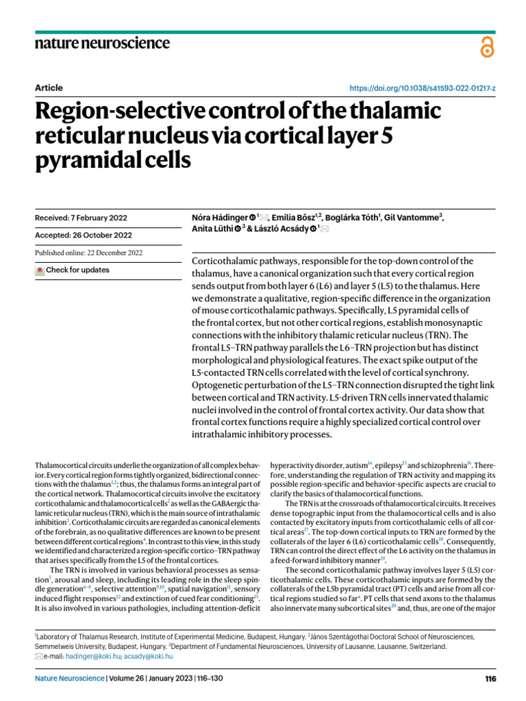 Region-Selective Control of The Thalamic Reticular Nucleus Via Cortical ...