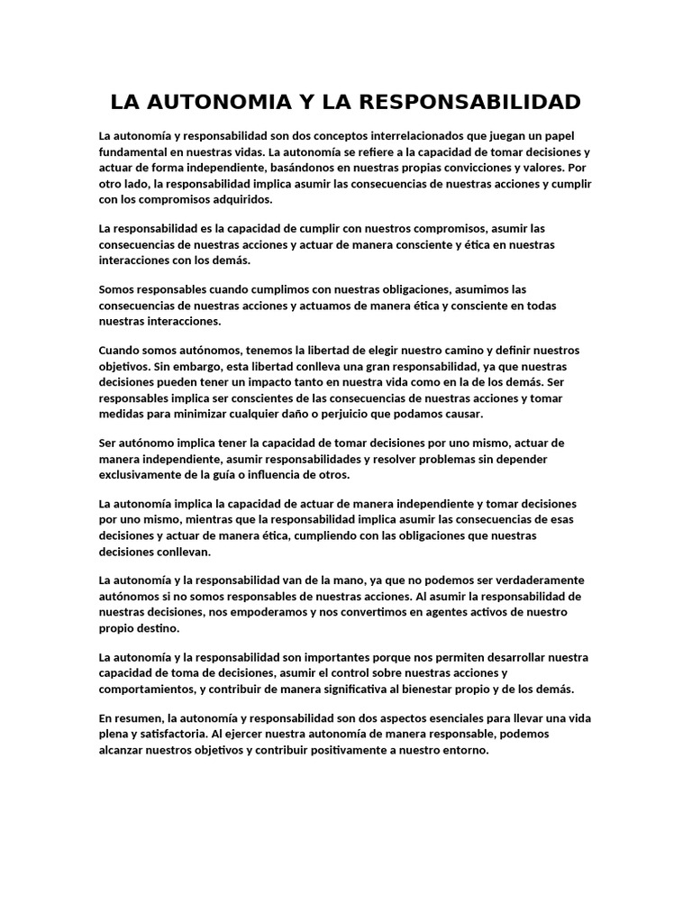 La Autonomia y La Responsabilidad | PDF | Autonomía | Sicología