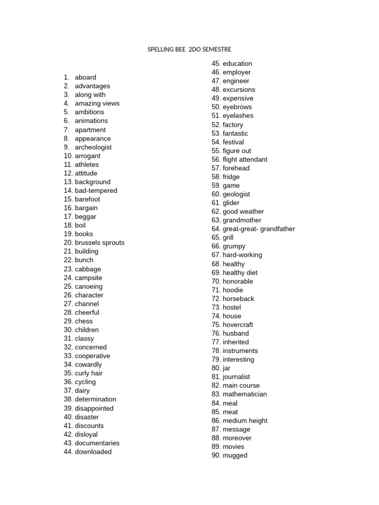 Spelling Bee Vocabulary List | PDF