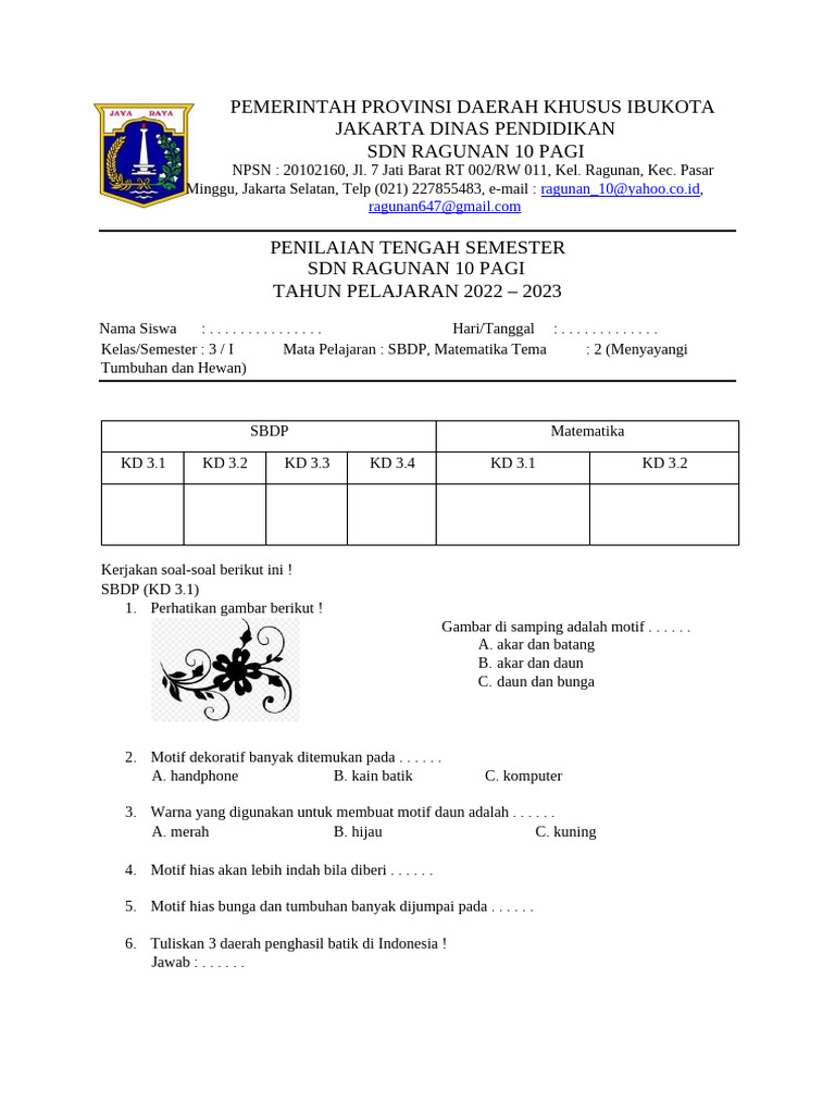 Soal PTS Tema 2 MTK, SBDP Kelas 3 Semester 1 TA 2022-2023 | PDF