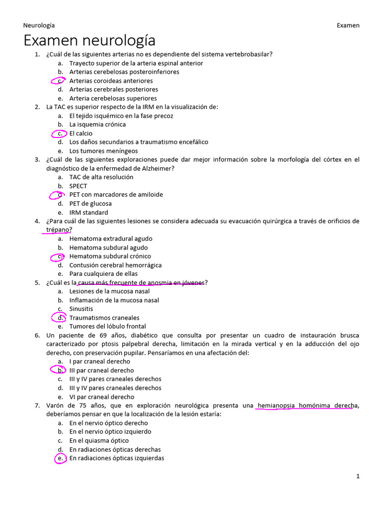 EXAMEN NEUROLOGÍA (+2op Respondidas) | PDF | Lesión cerebral traumática | Medicina