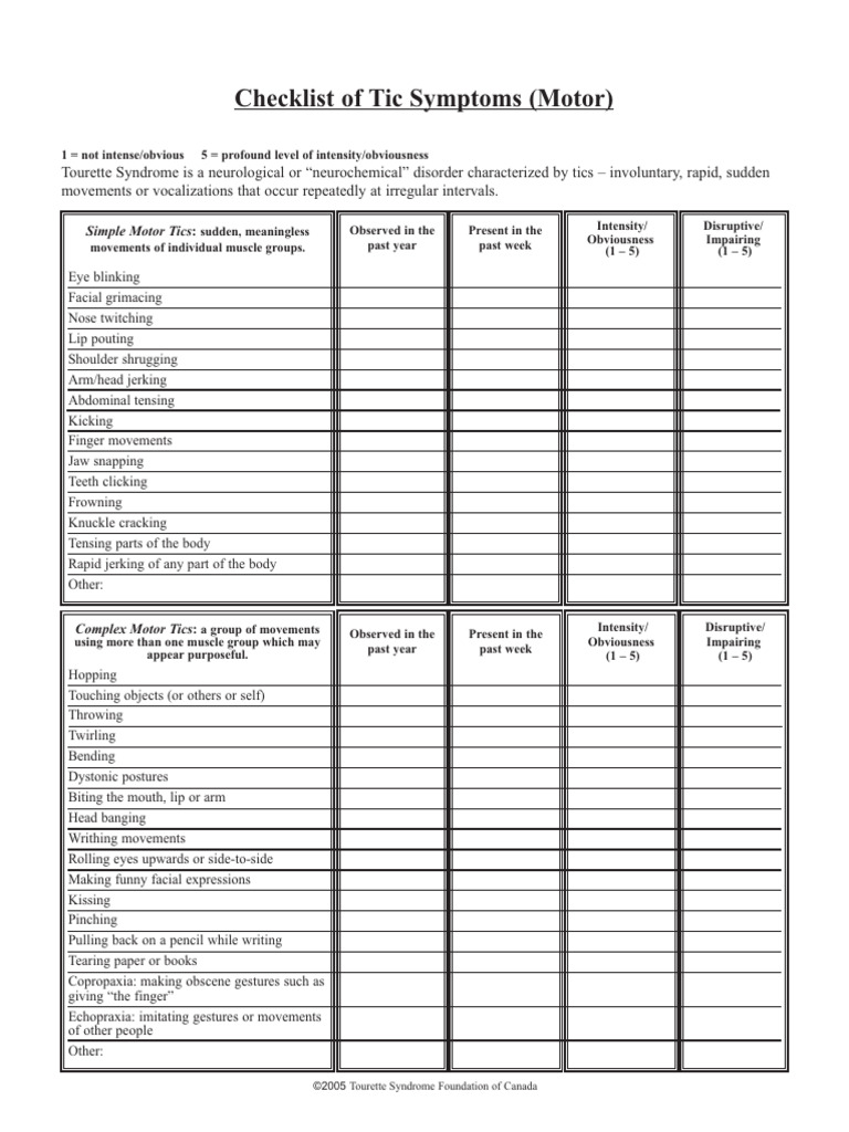 Checklist Tics | PDF | Diseases And Disorders | Neurological Disorders