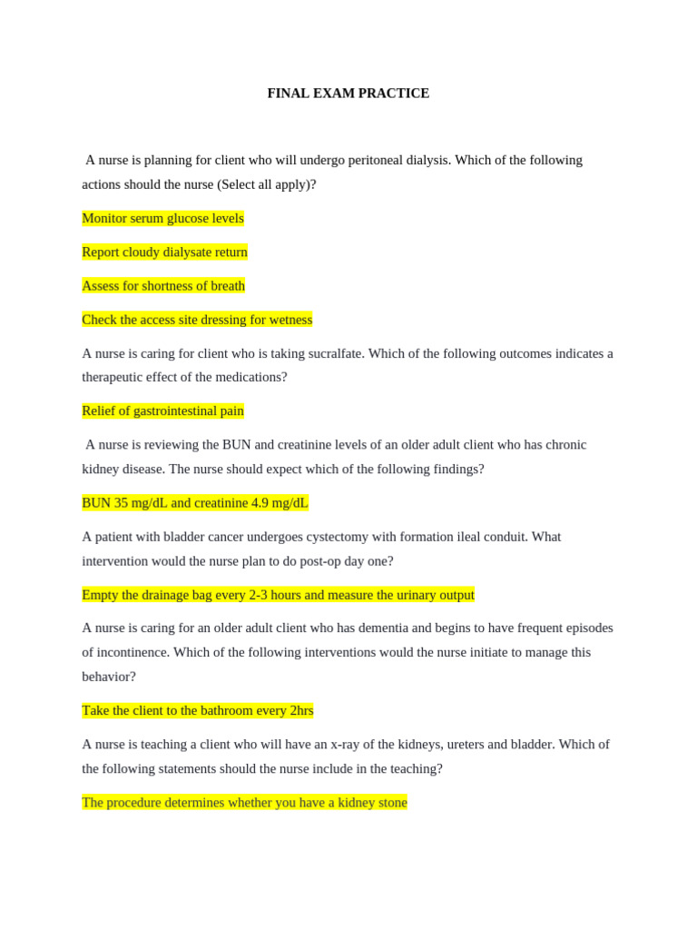 Final Practice Exam | PDF | Kidney | Chronic Kidney Disease