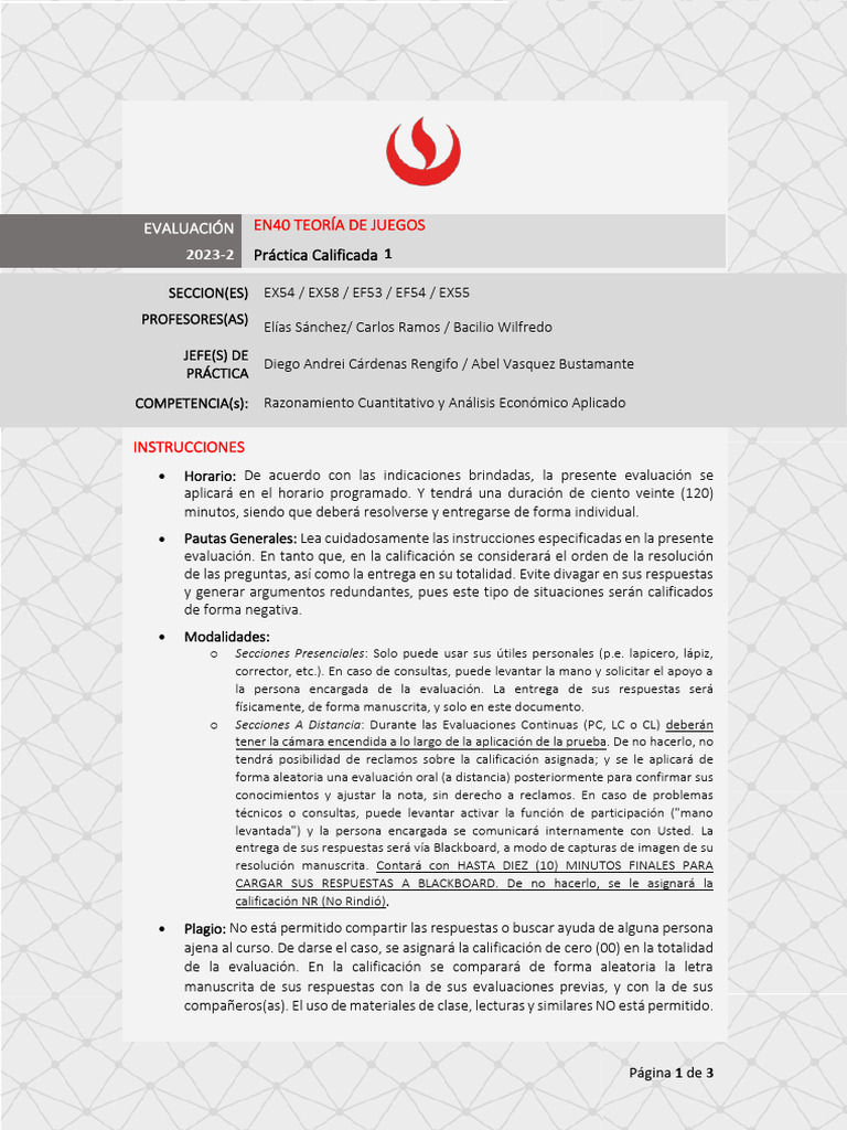 PC1 Teoría de Juegos 2024-01 - Sábado20 - 3pm | PDF