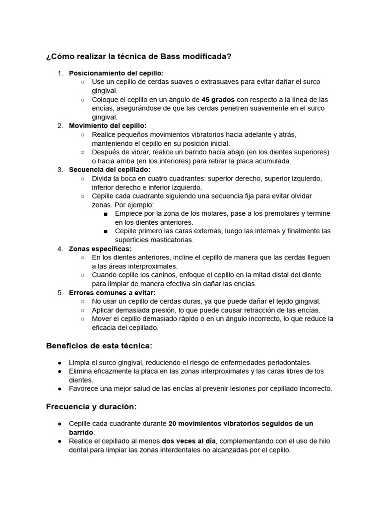 Técnica de Bass Modificada: Guía Completa | PDF | Odontología | Ramas de Odontología