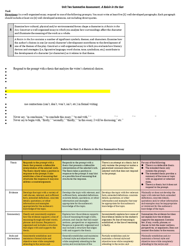 Unit #2 Summative Assessment For A Raisin in The Sun 2024 | PDF ...
