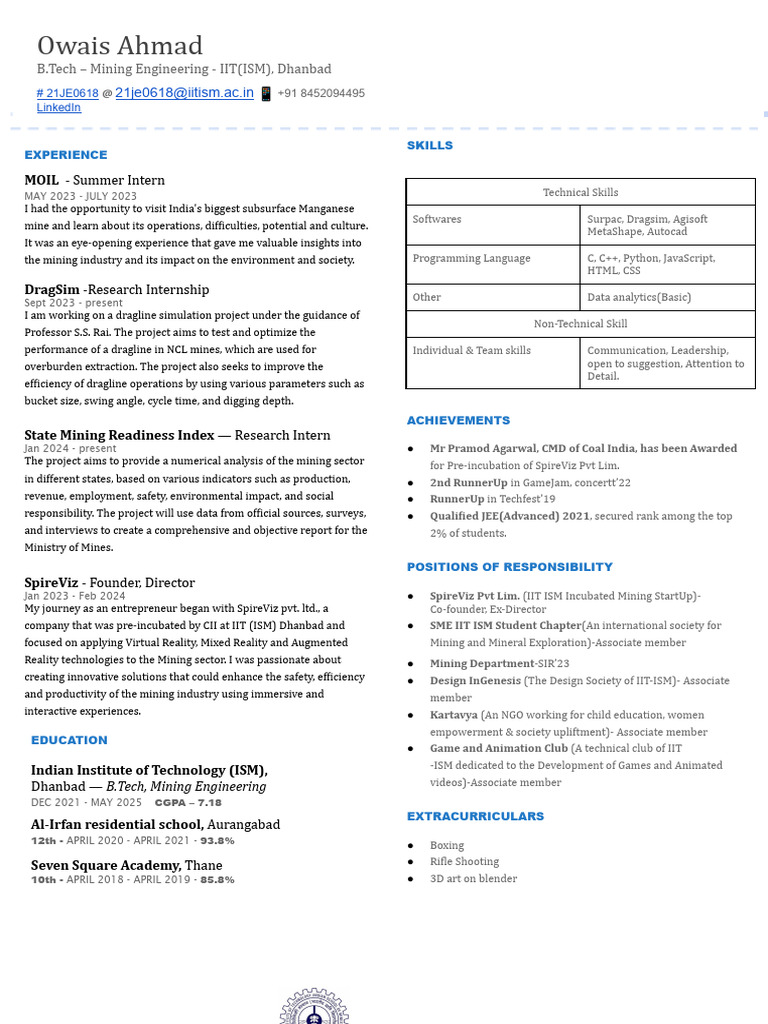 Final Copy of Actual Owais Resume | PDF | Mining