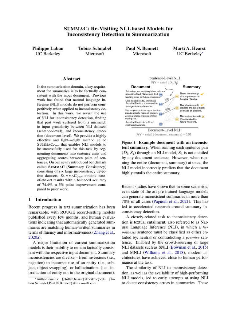 SUMMAC: Re-Visiting NLI-based Models For Inconsistency Detection in Summarization | PDF ...