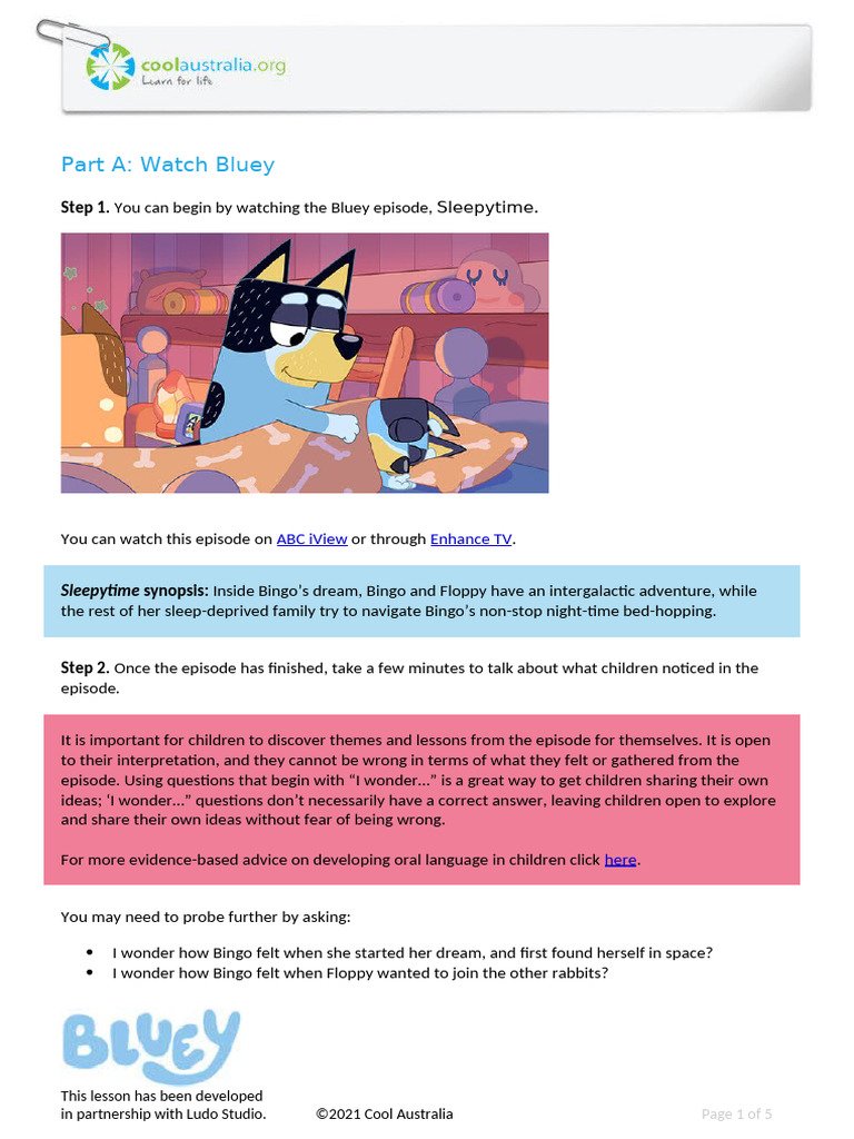 20 - Bluey Sleepytime Mindfulness Early Learning-Teacher Worksheet ...