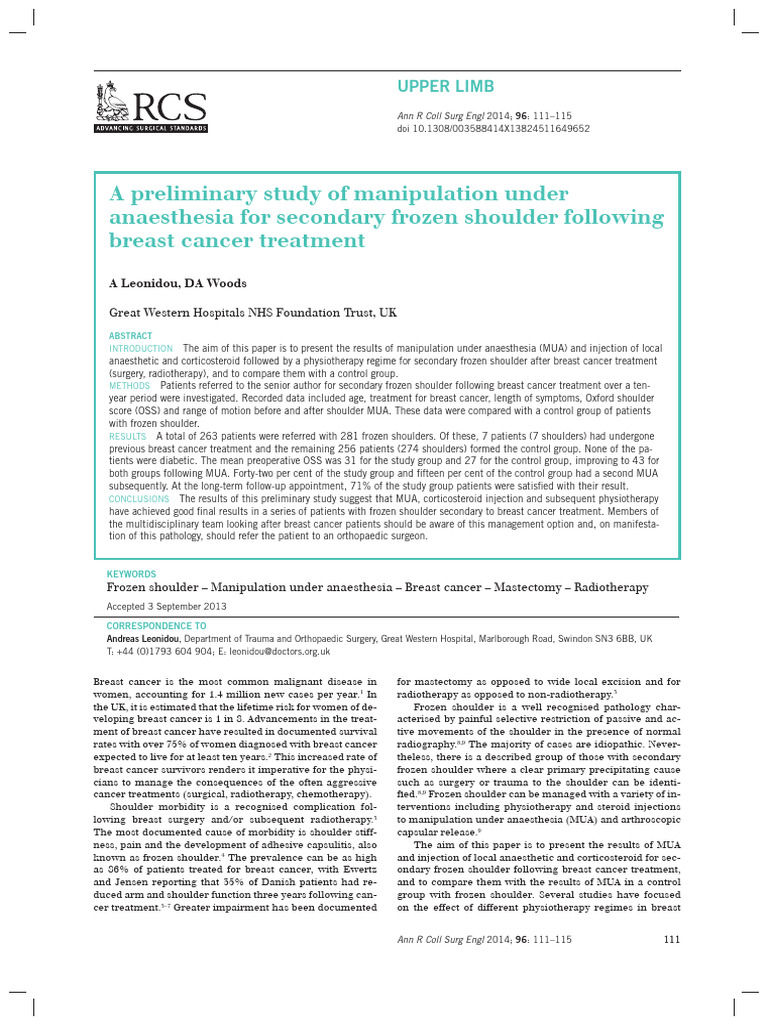A Preliminary Study of MUA For Secondary Frozen Shoulder After Breast ...